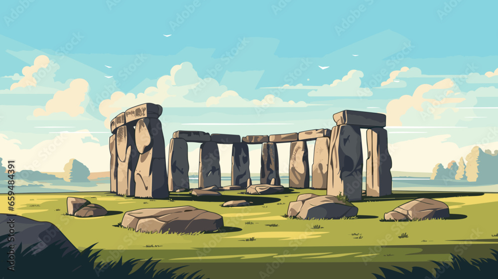 simple flat 2D illustration, simple colors, hand drawn, stonehenge ...