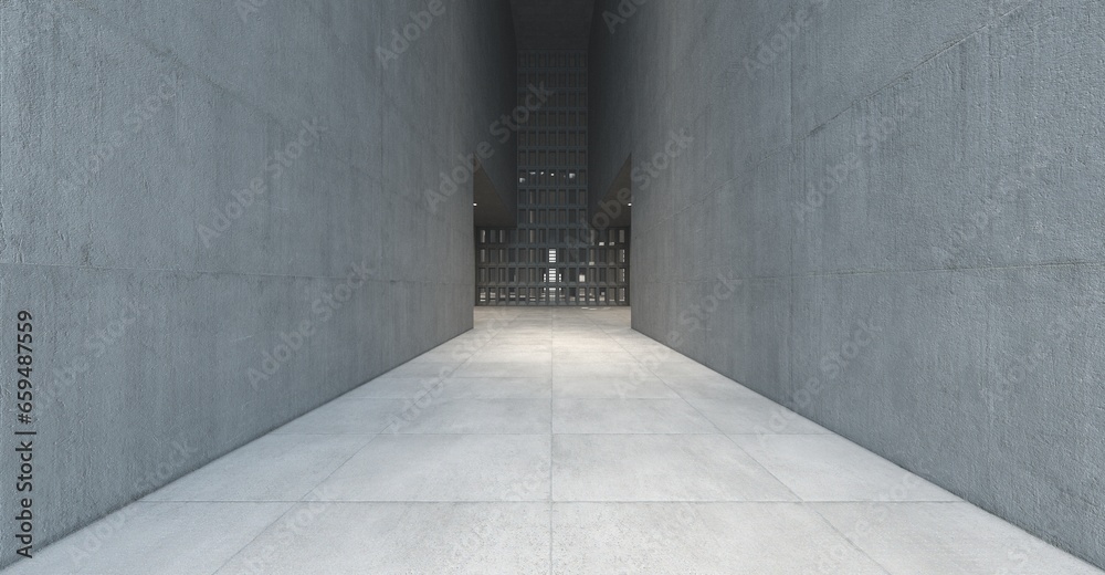 A corridor in a huge concrete building ending in a lattice wall ...