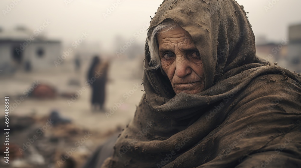 War and Battle: Portrait of an old Islamic woman standing and hugging a ...