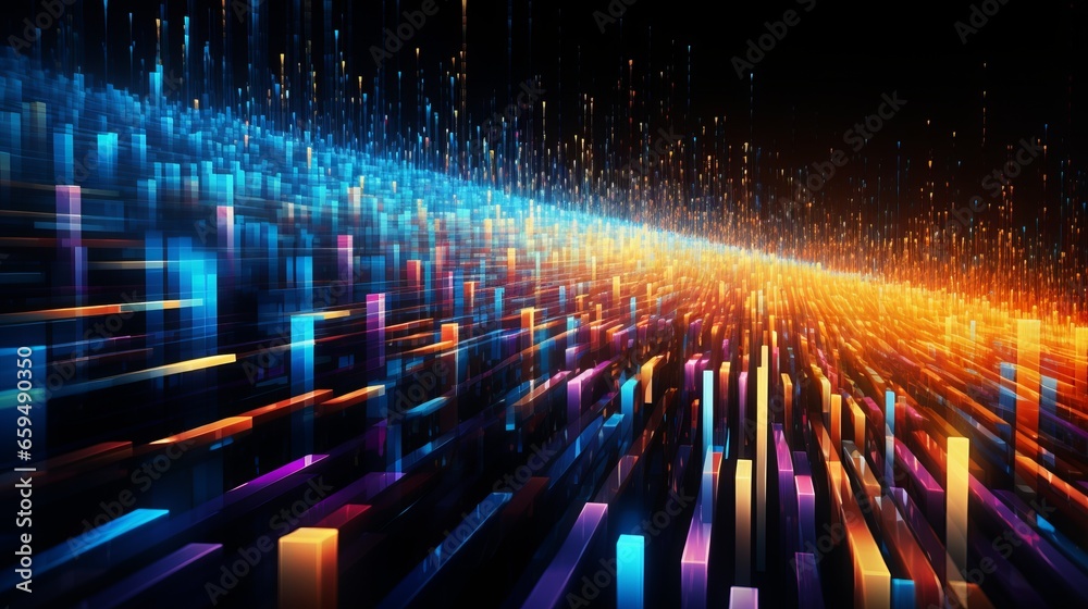 Abstract multicolored particles flow swiftly through dark expanse of cyberspace representing ...