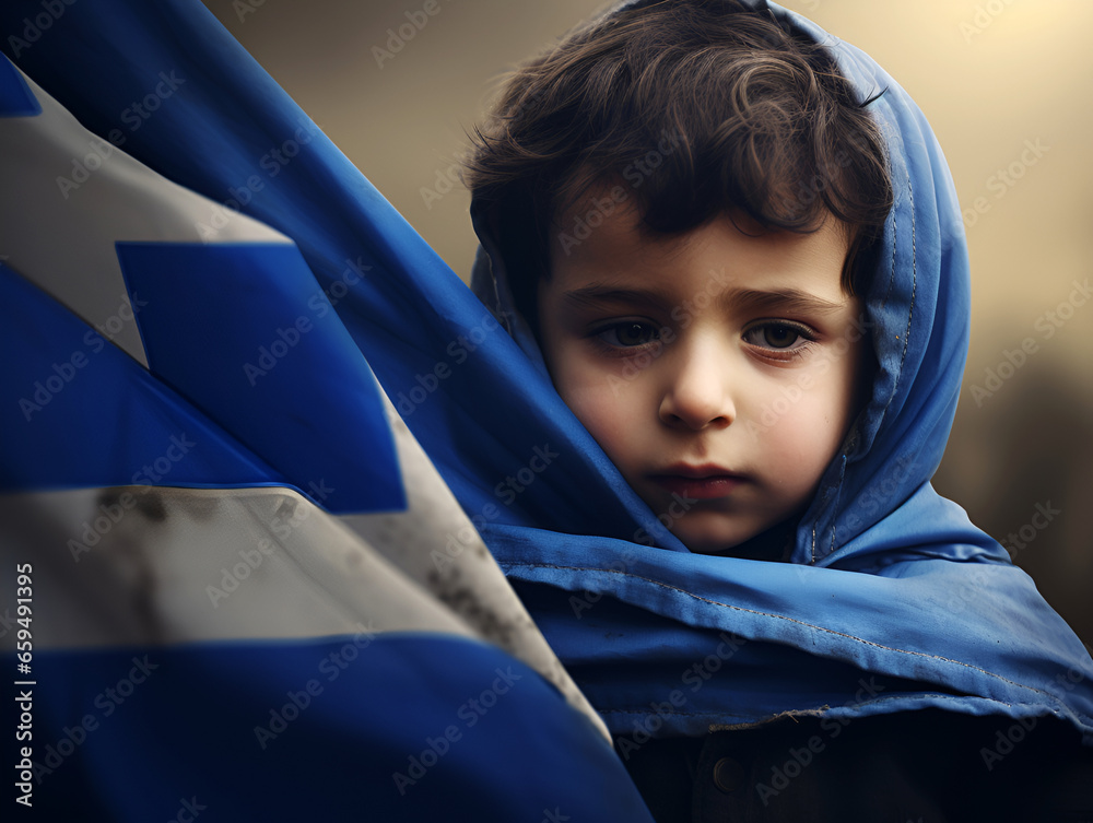 Sad child wrapped in an Israeli flag. Little boy with the flag of ...