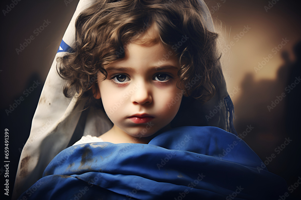 Little boy with the flag of Israel. Serious child wrapped in an Israeli ...