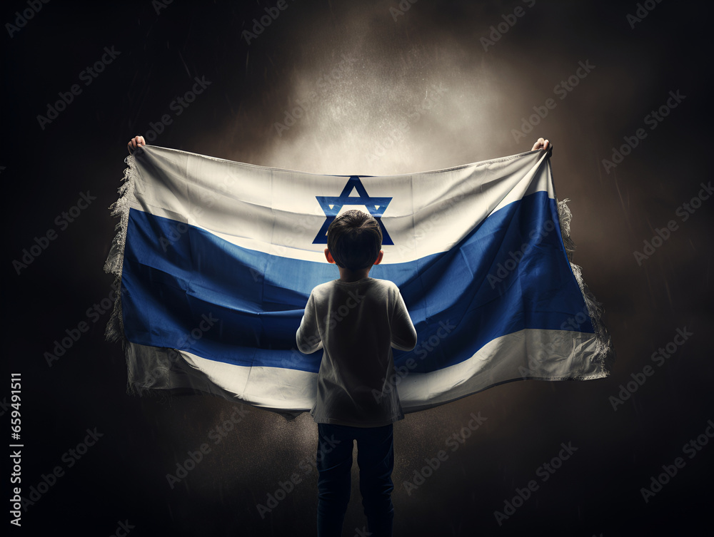 A boy with the flag of Israel. A child stands in front of Israeli flag ...