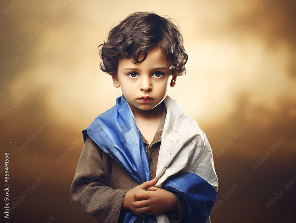 Little boy with the flag of Israel. Frustrated child wrapped in an ...