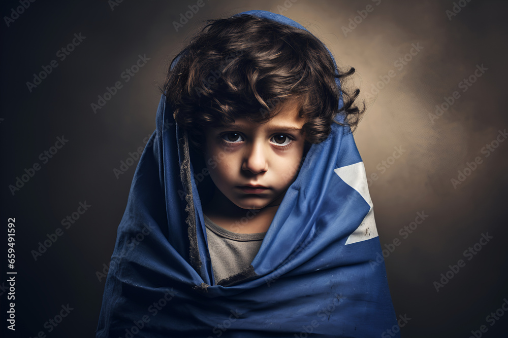 Little boy with the flag of Israel. Sad child wrapped in an Israeli ...