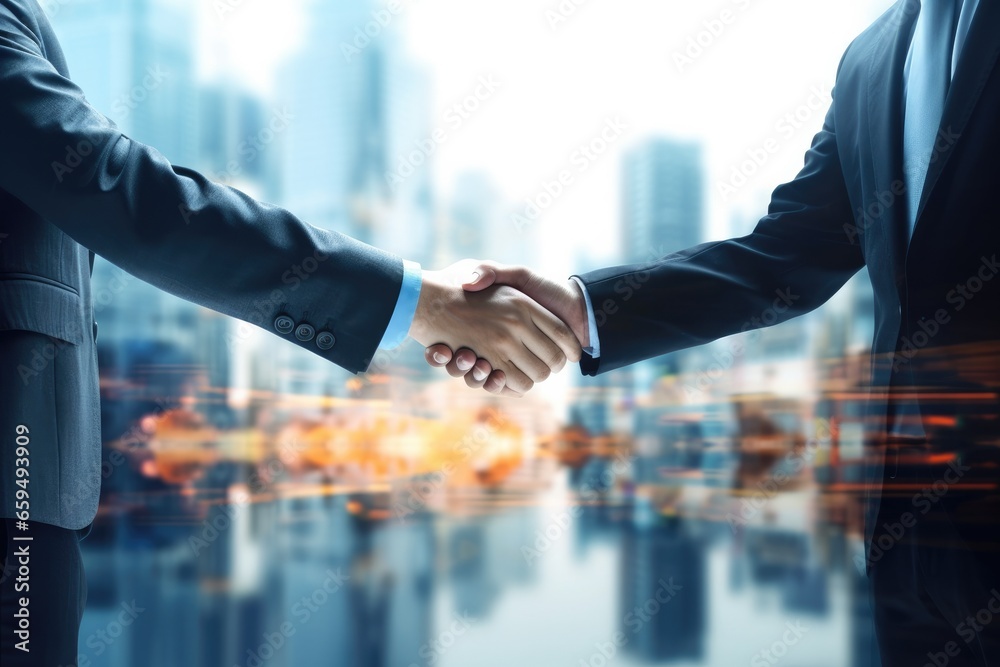Businessmen making handshake with city background for web banner ...