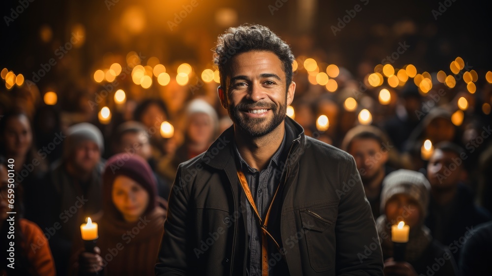 A human rights advocate addressing a diverse audience, Background Image ...