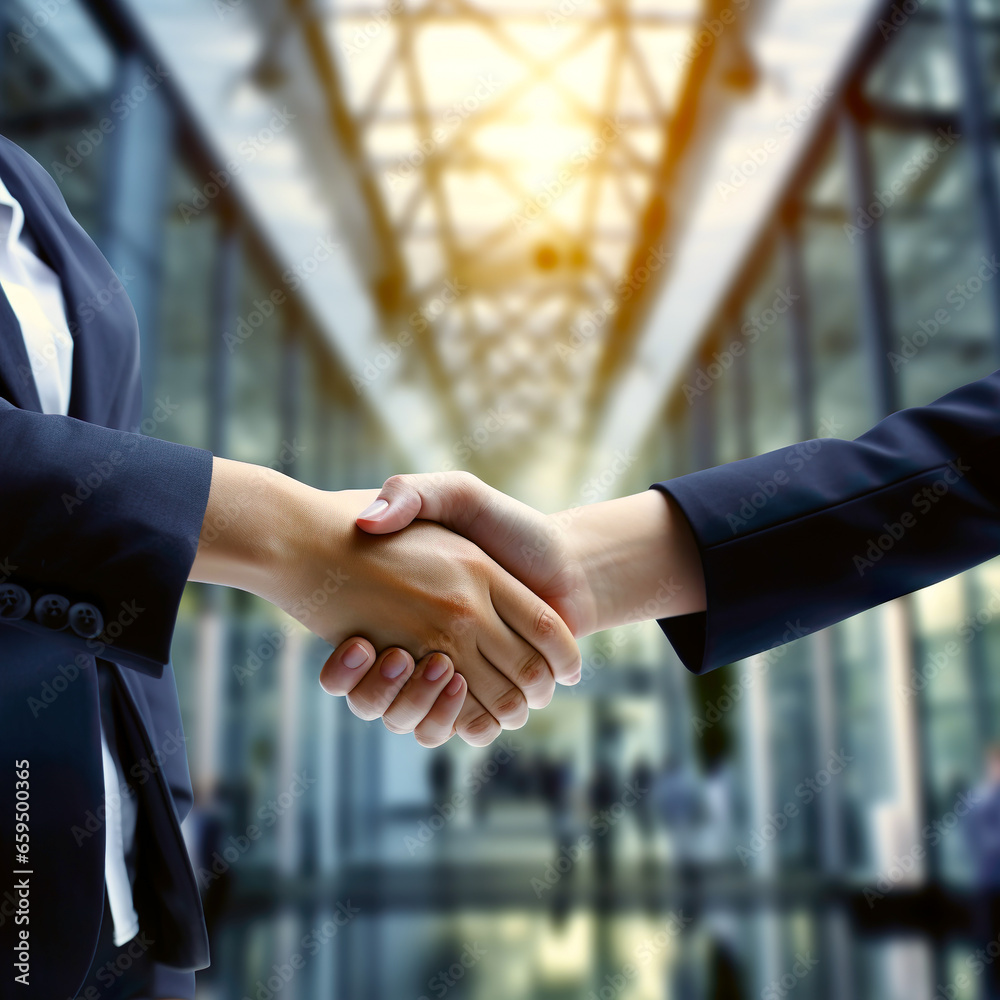 Male and female handshake in empty business space. Businessman and ...