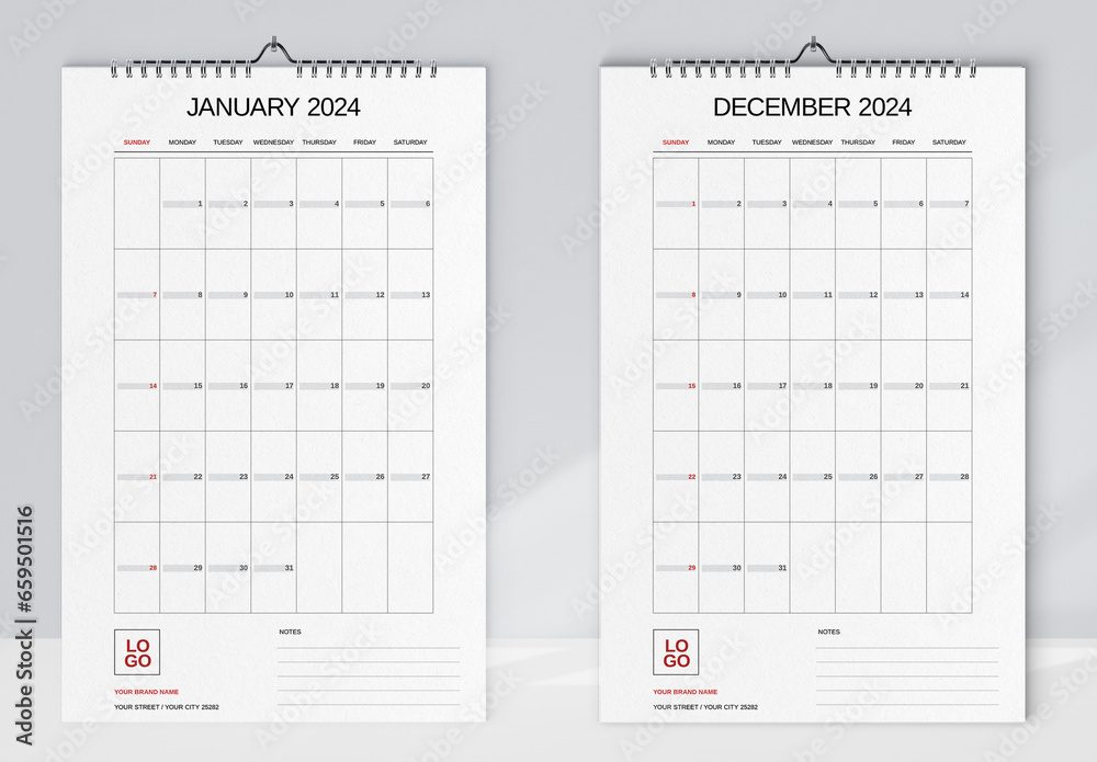 Grid Wall Calendar 2024 Layout Stock Template | Adobe Stock
