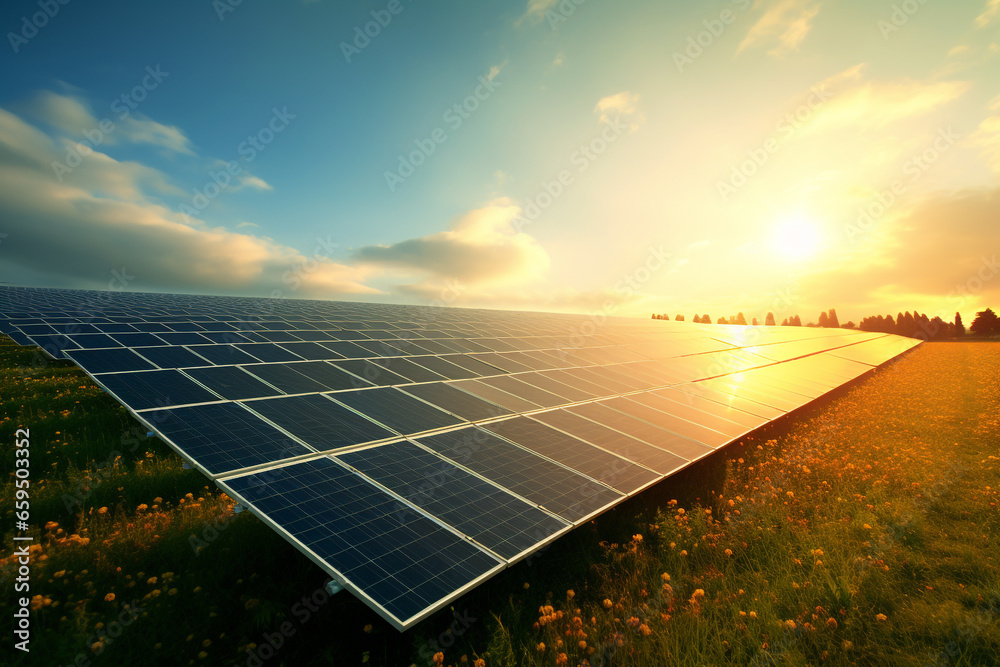 Solar panel situated in a green field under sunny skies with a blue ...