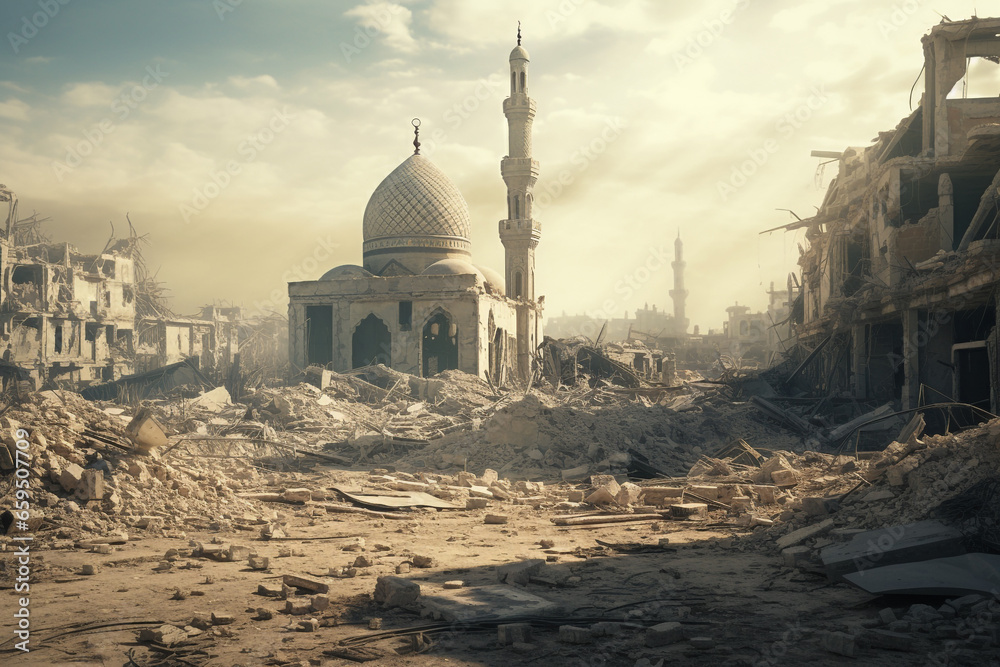 Ilustracja Stock: Broad view of a devastated city in the near east post ...