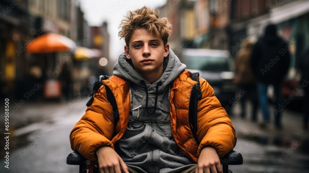 Gen Z boy in a wheelchair in the city Stock Illustration | Adobe Stock