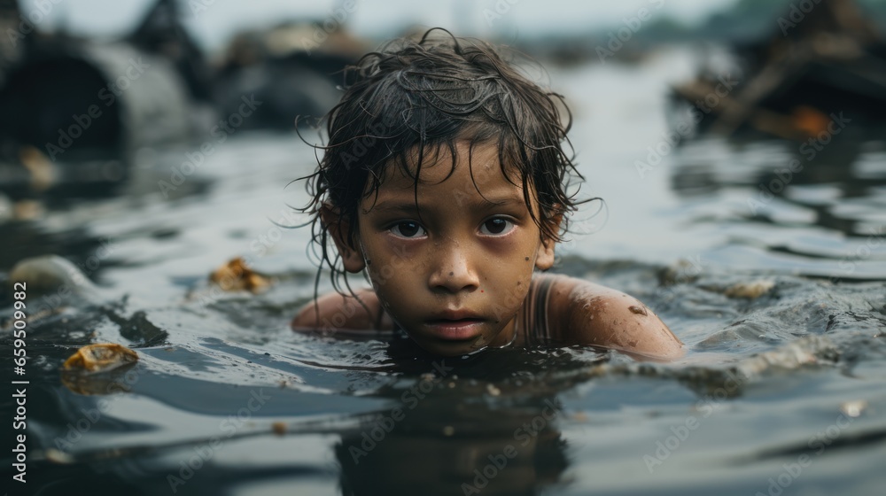 Asian children swim in a river full of waste Stock Photo | Adobe Stock