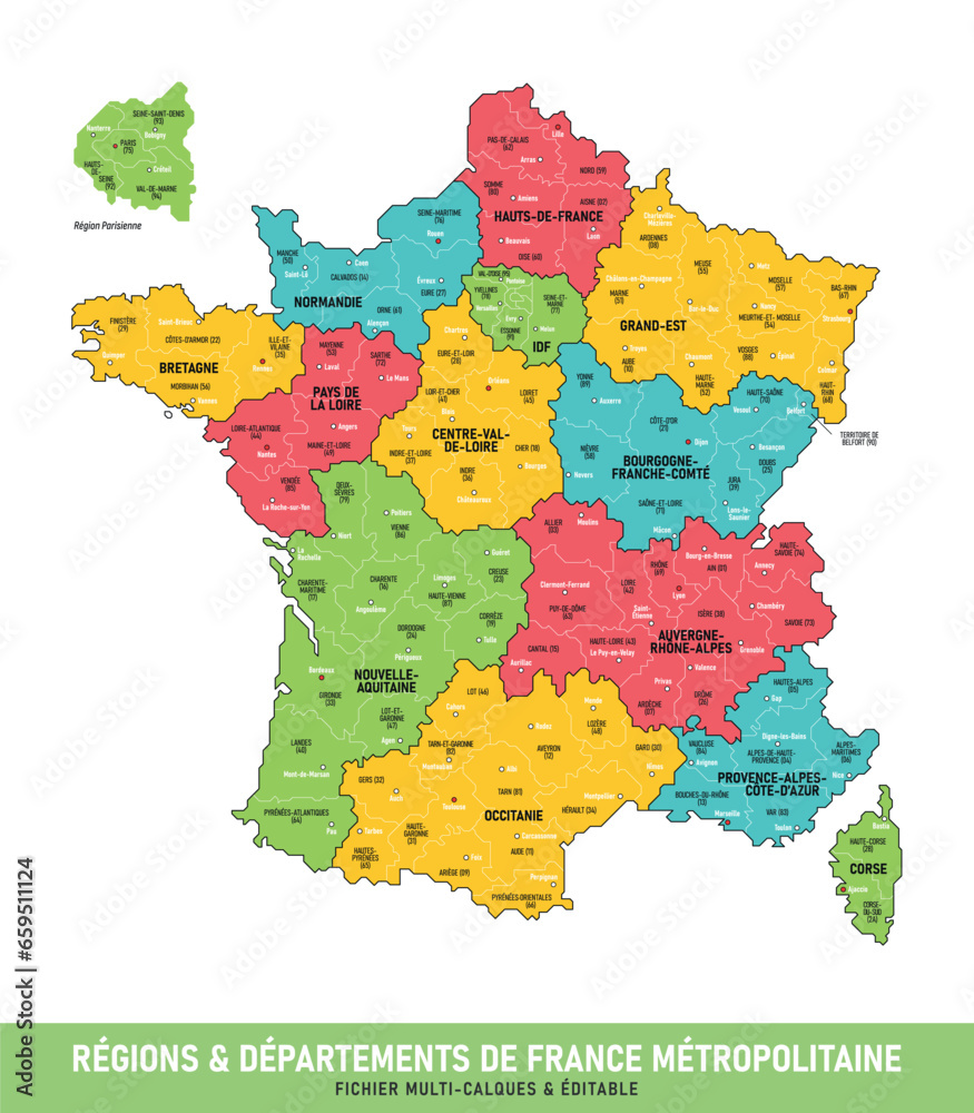 Carte des Régions et des Départements de France Métropolitaine Stock ...
