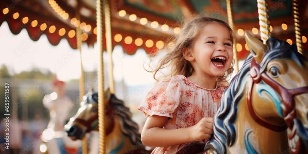 Cute happy little girl expressing excitement while on a colorful ...