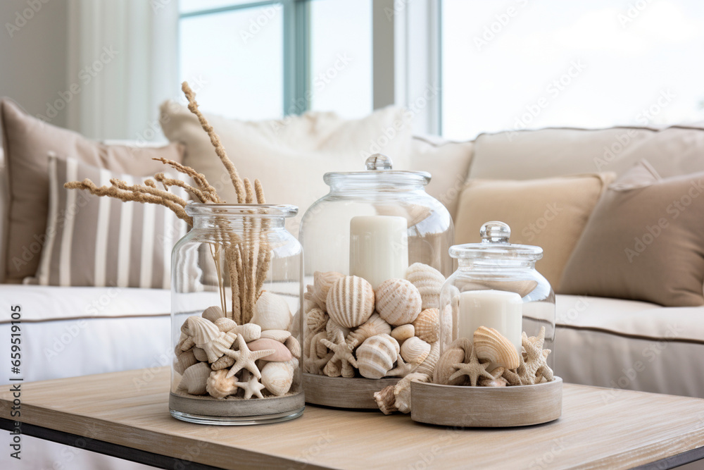 A coastal-themed living room with seashell and driftwood ornaments, a ...