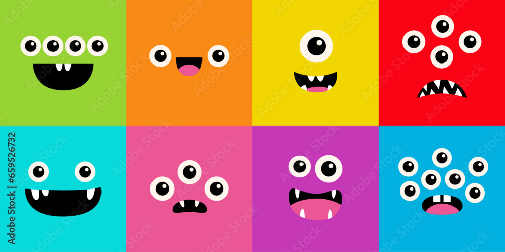 Square monster face head set banner. Happy Halloween. Spooky Smiling ...
