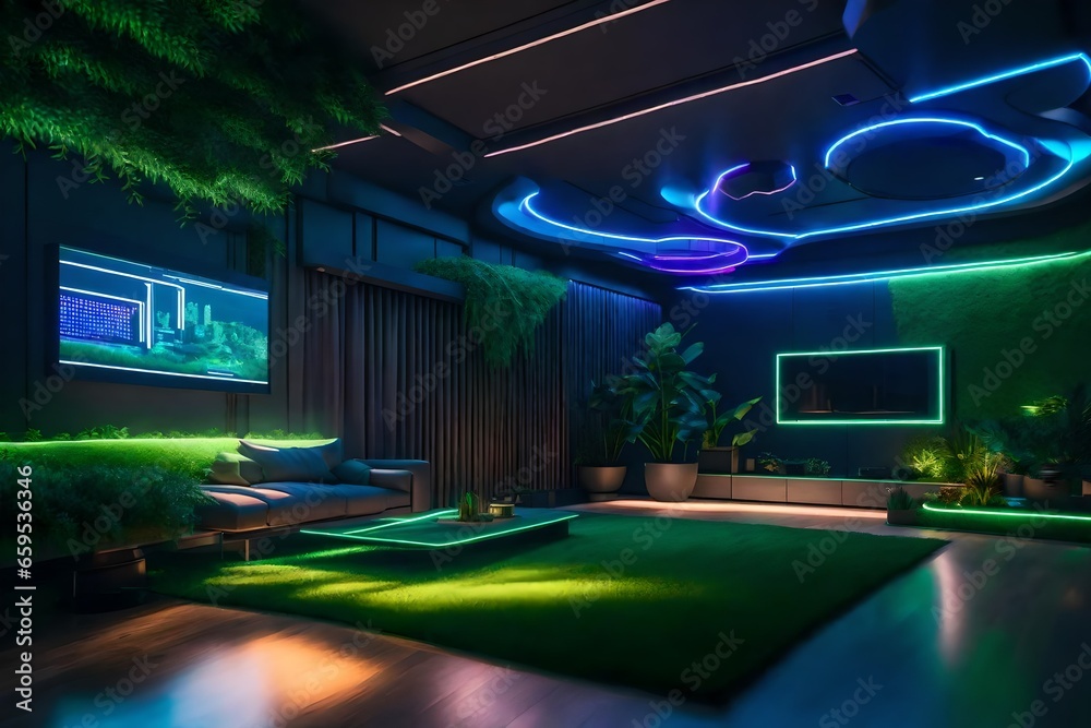 A futuristic garden-themed living room with artificial turf, LED-lit ...