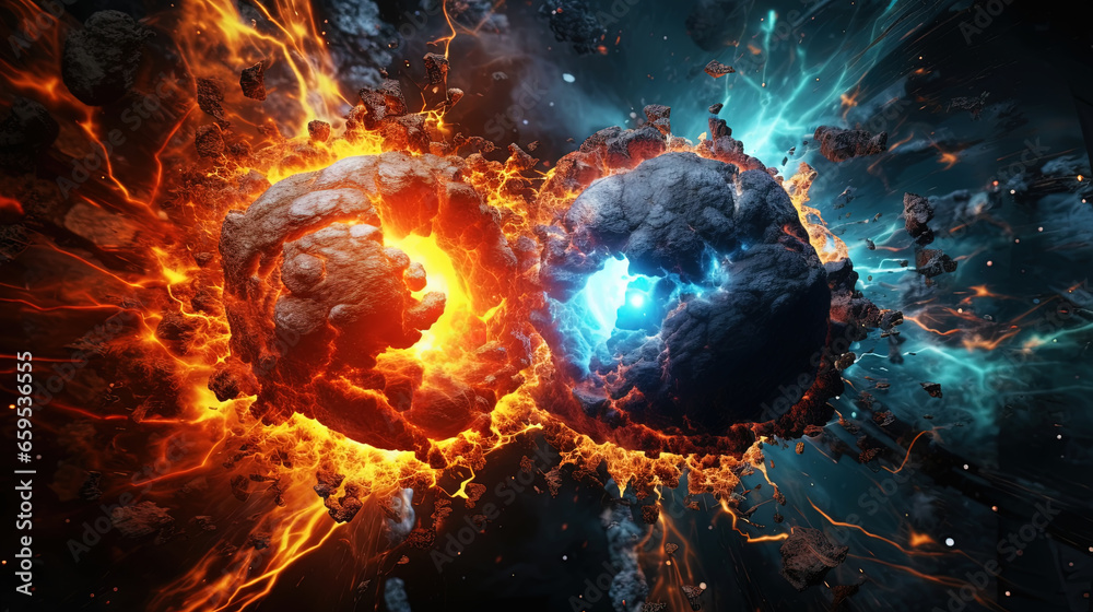 Subatomic proton particle collision. Nuclear fusion concept. Generative ...