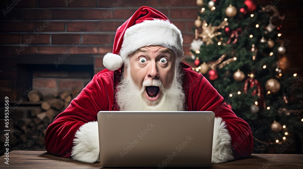 Surprised Santa Claus sitting in front of computer with shock as he ...