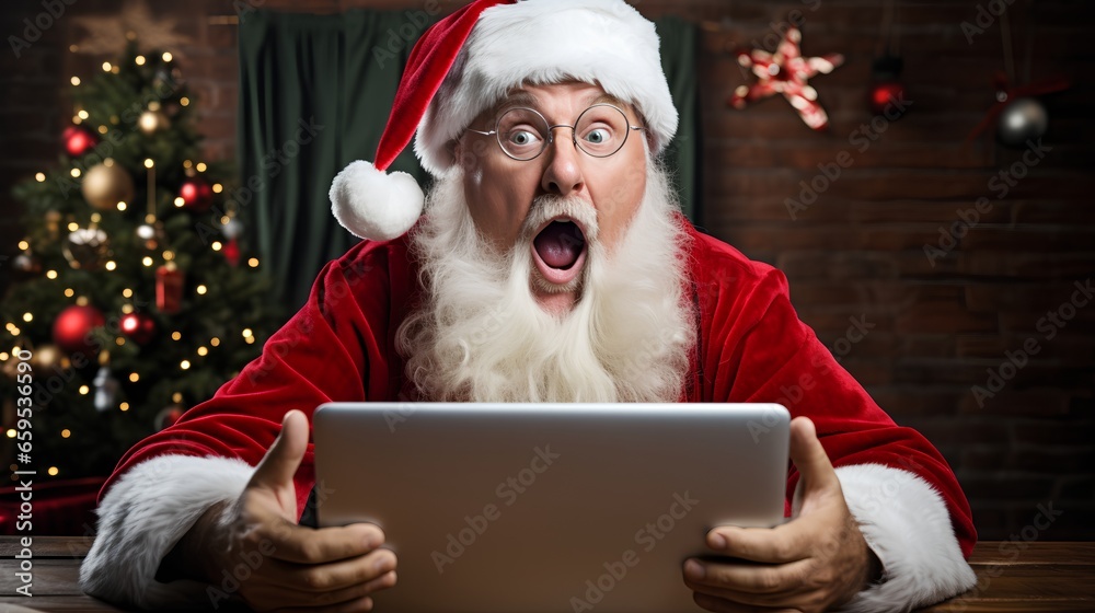 Surprised Santa Claus sitting in front of computer with shock as he ...