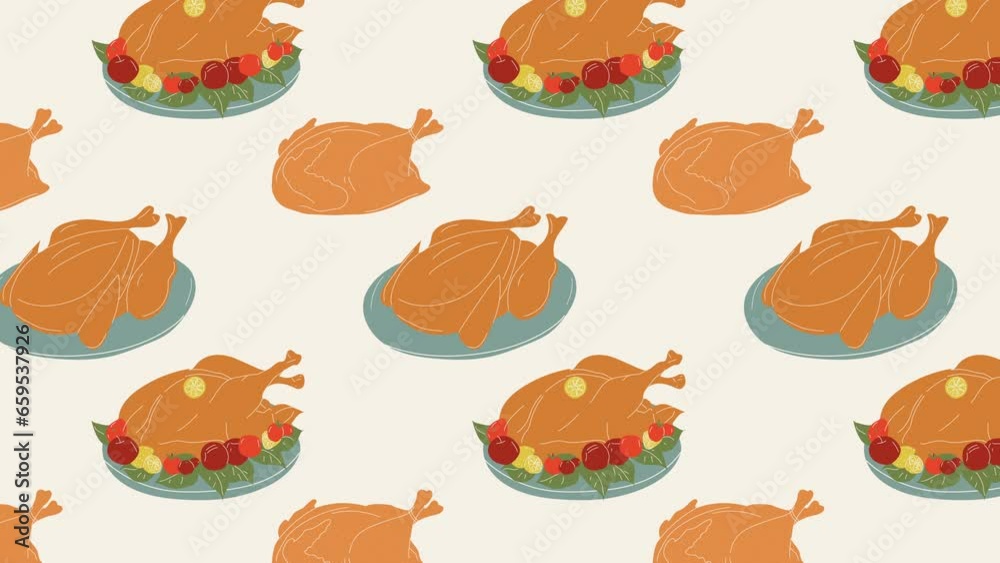 Baked turkey for thanksgiving day animation Loop Background. Video flat ...