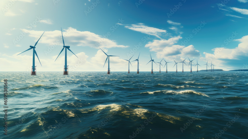 Ocean Wind Farm. Windmill farm in the ocean. Offshore wind turbines in ...