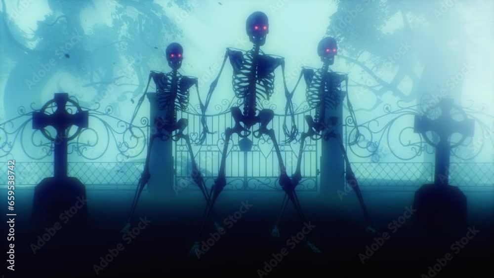 Dancing skeletons in the cemetery at night. Skeletons with red burning ...