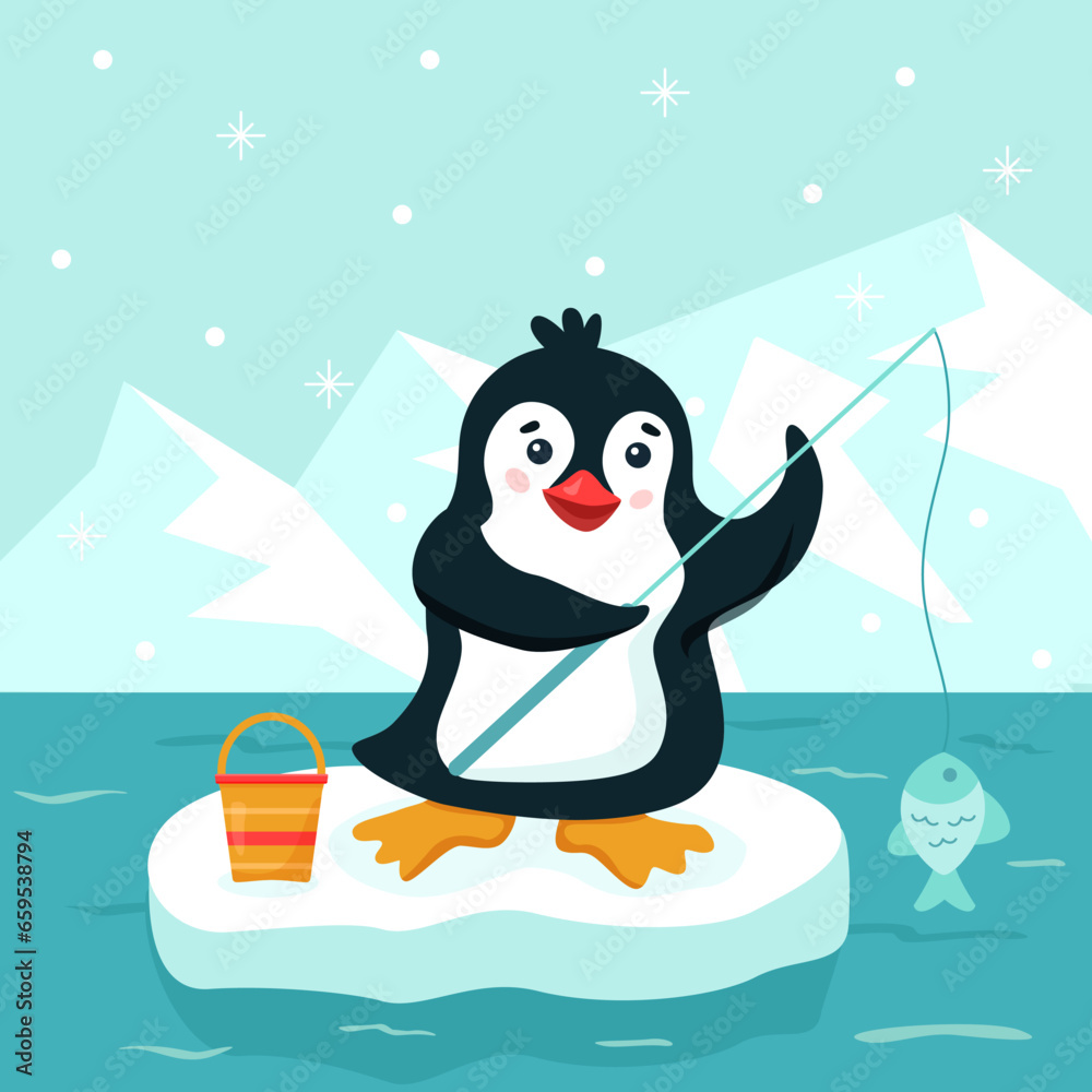 Funny flat penguin with fishing rod and blue fish on winter background ...
