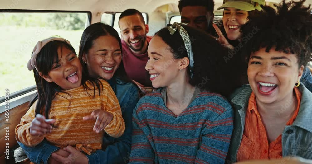 Travel, selfie and friends in a van with kid, music and hand rocker ...