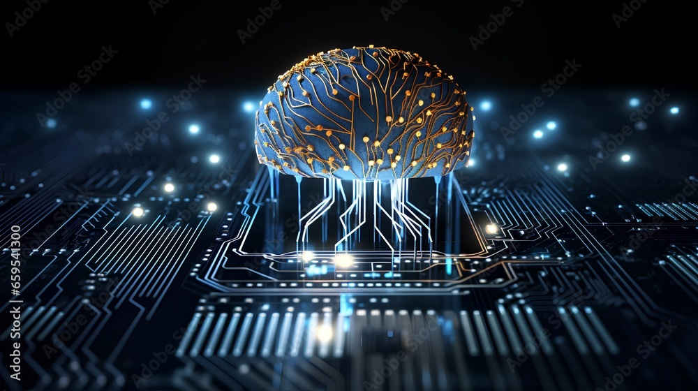 Big data and artificial intelligence concept. Human brain glowing from processor, symbolizing ...