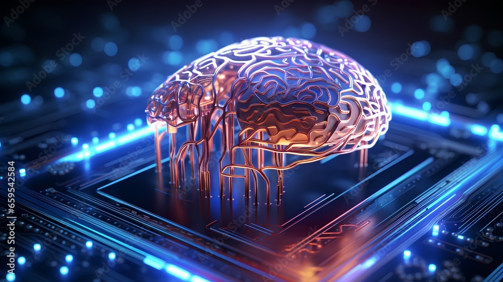 Big data and artificial intelligence concept. Human brain glowing from processor, symbolizing ...