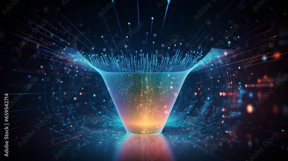 Big data technology and information funnel concept. Large digital ...