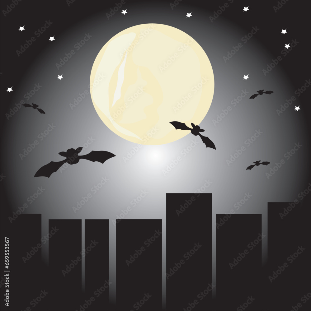 bat with moon building city dark black white halloween vector ...