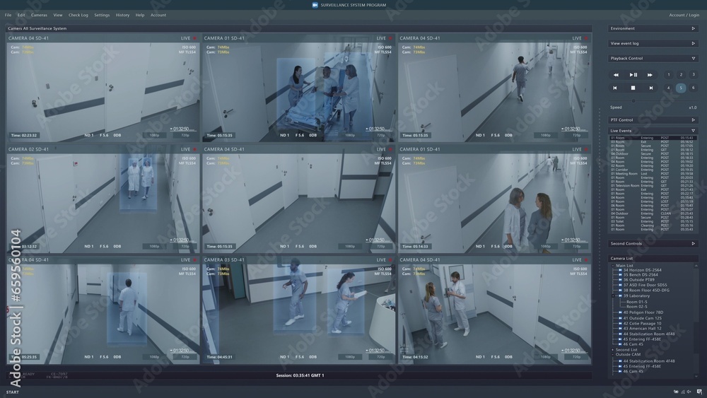 Playback CCTV cameras in hospital hallway on computer screen ...