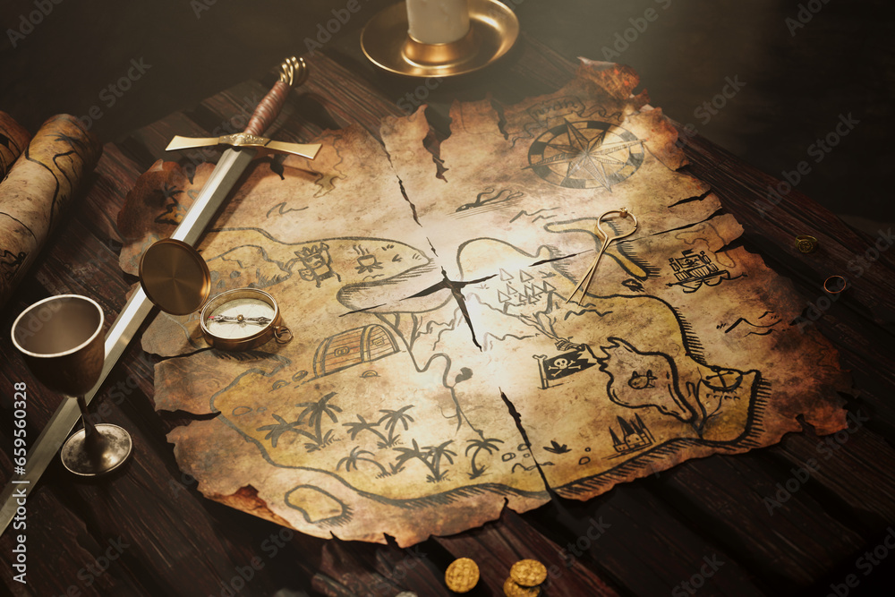 Funny hand-drawn ancient map with animated drawings. Treasure chest ...