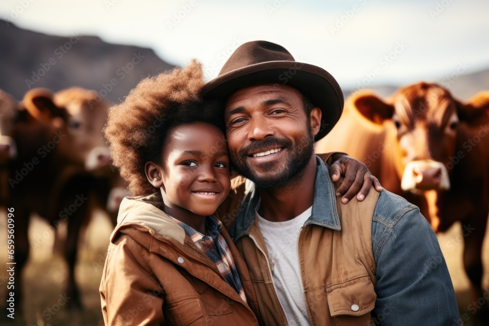 Farm, cows and child kiss father in countryside for ecology, adventure ...