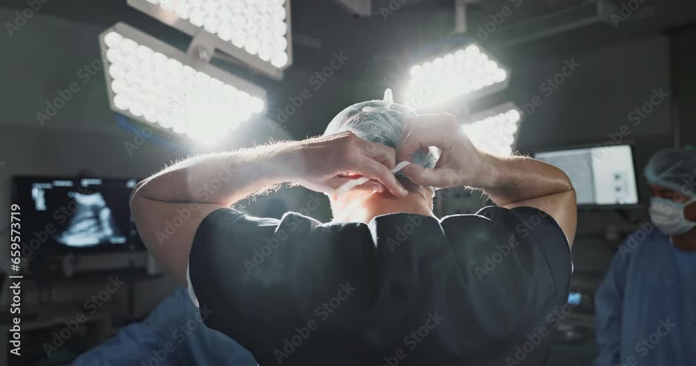 Surgery, prepare and doctor tie mask in operating room for medical ...