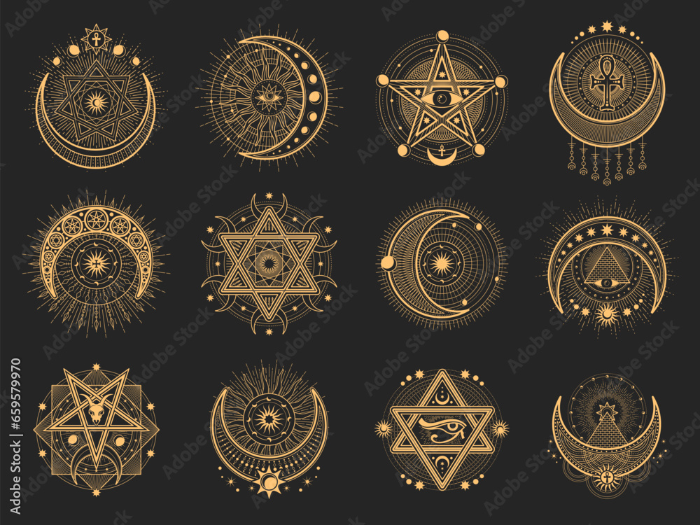 Crescent and moon esoteric occult symbols, tarot magic icons. Star of ...