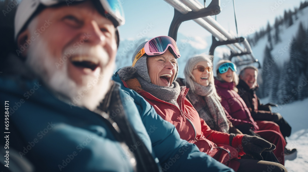 Group of seniors enjoying a scenic gondola ride in a snowy mountain ...