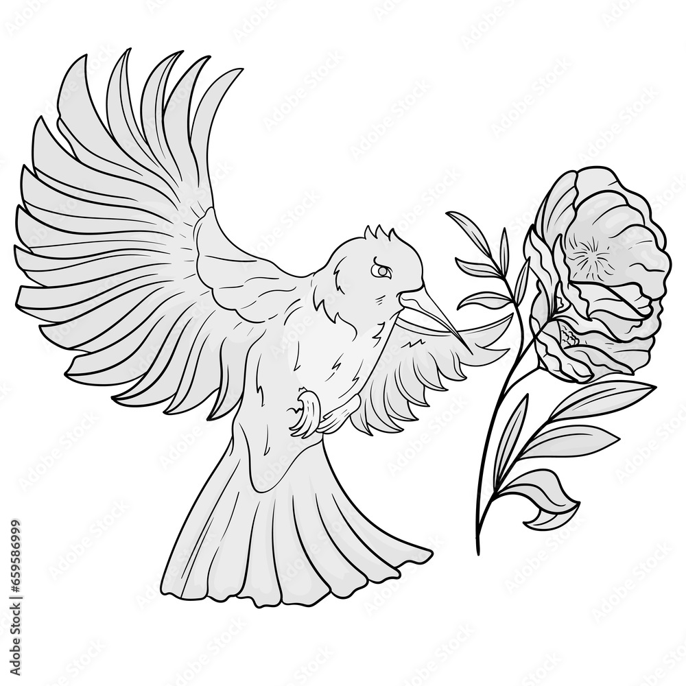 Nightingale bird perched on a tree branch in a tropical jungle, black ...