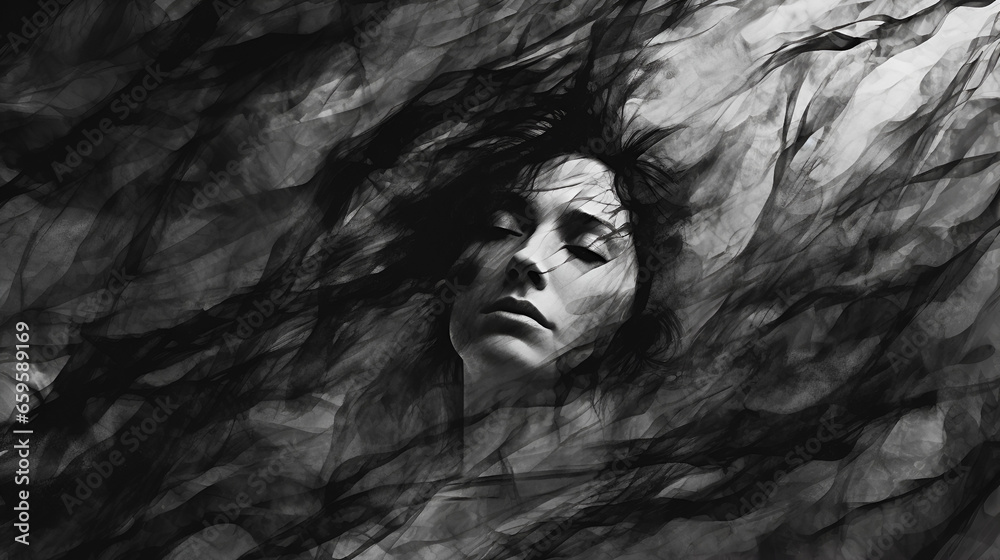 Black and white drawing on a woman's face swamped in a web of dark ...