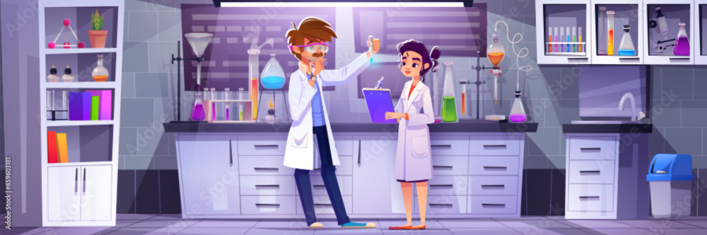 Man and woman scientist in research laboratory cartoon background ...