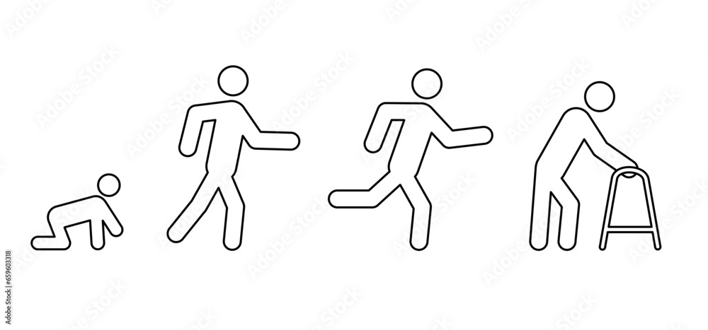 Cartoon born to, crawl, walk, run en old man. Baby running steps and ...