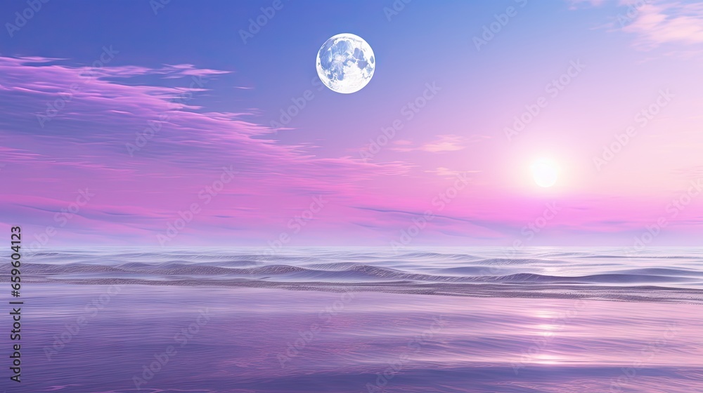 a pink sky with a full moon above the ocean and a pink sky with a full ...
