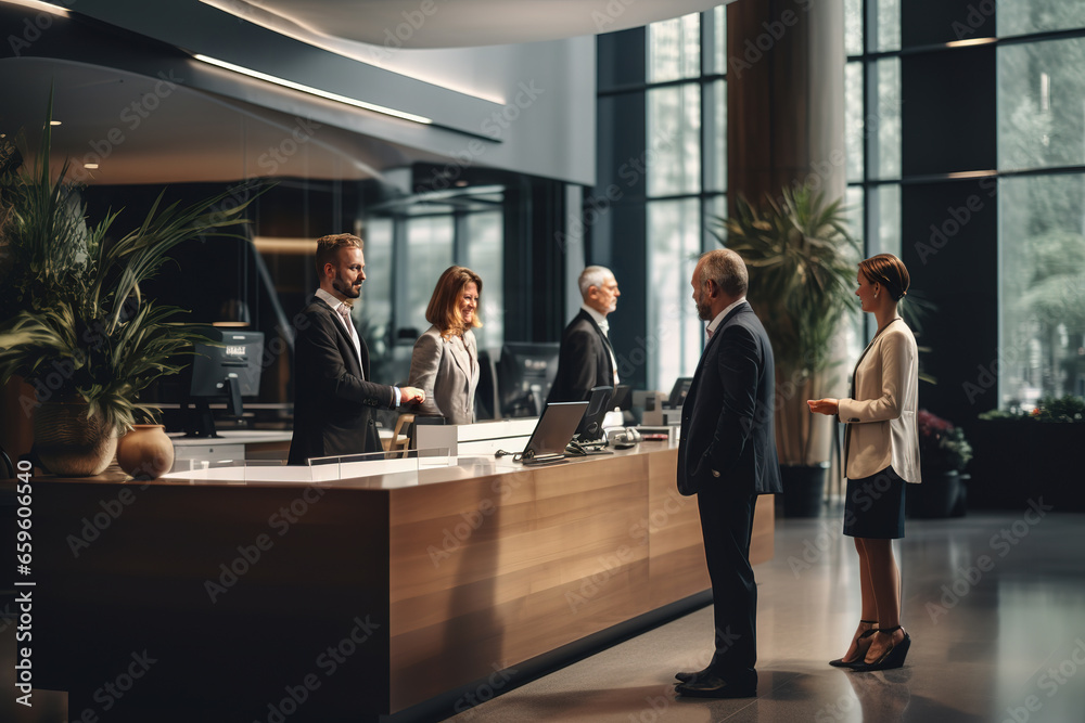 Receptionists at hotel front desk welcoming business people at counter ...