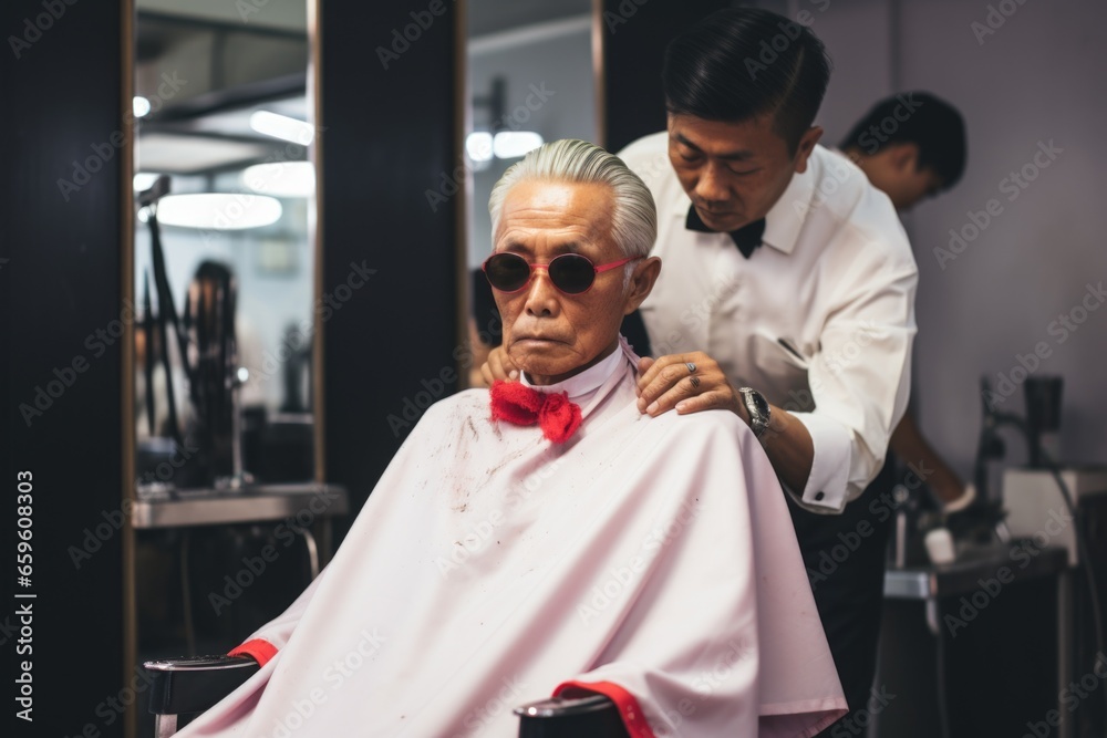 A picture of a man getting his hair cut by a barber. This image can be ...