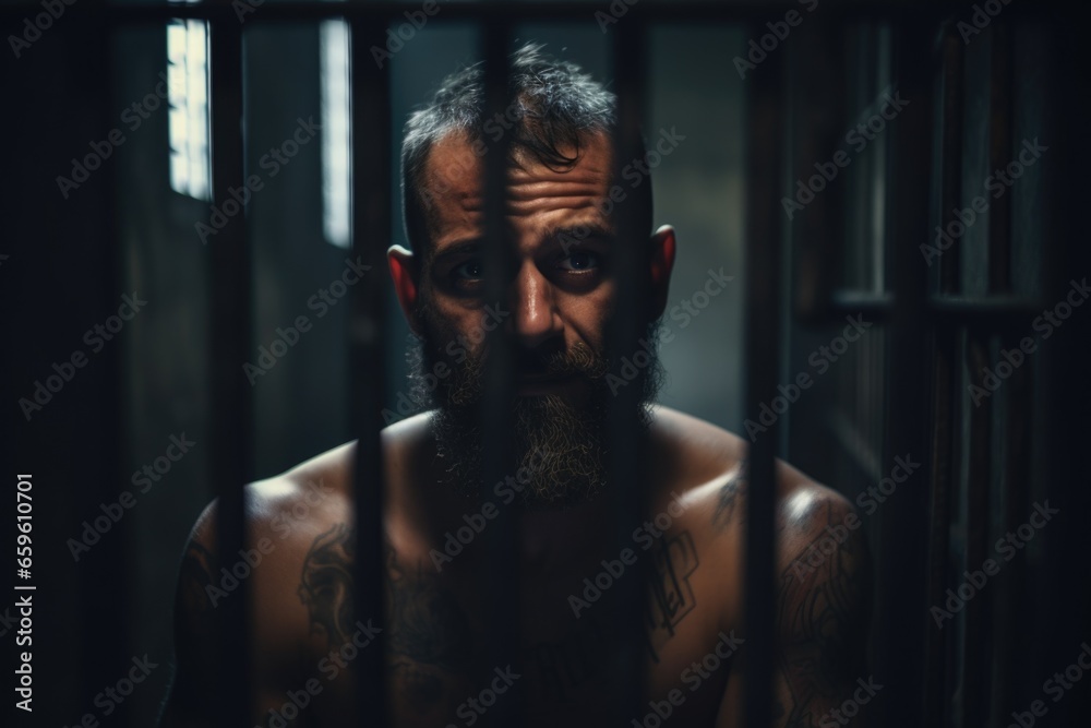 A picture of a man with a beard and tattoos standing behind prison bars ...