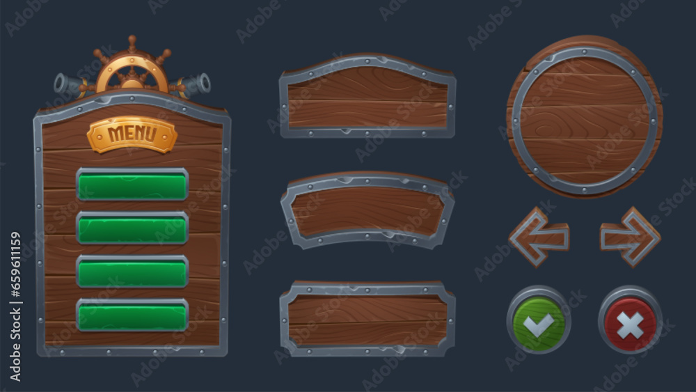 Wood pirate ui game frame and board button vector. Wooden texture menu ...