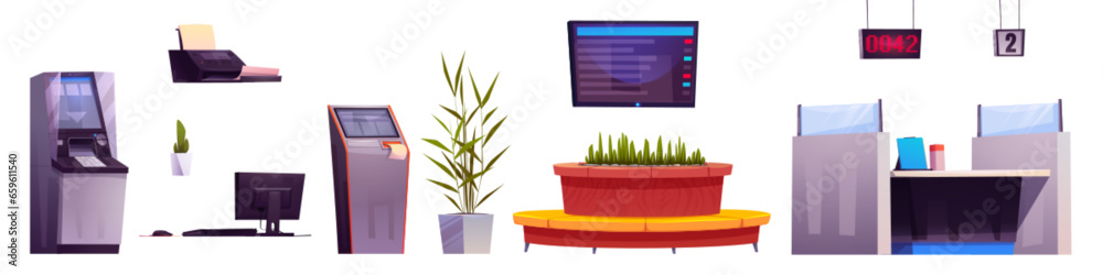 Bank office interior design elements set isolated on white background ...